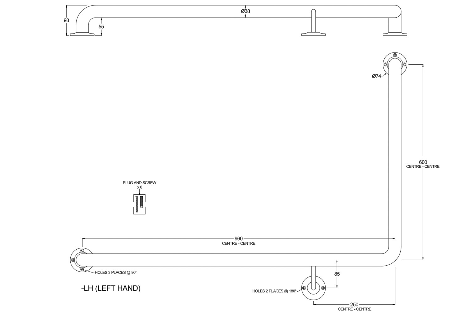 CB | L Shape Hand Rail - 960mm x 600mm Centre to Centre - Hand Rails ...
